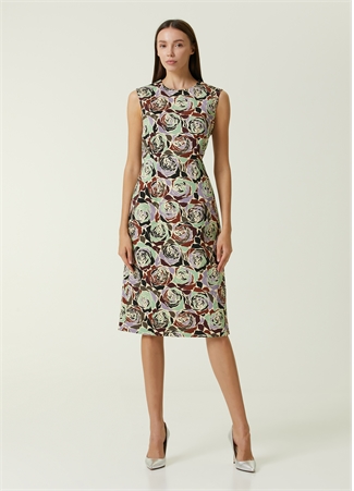 Dries Van Noten Kadın Colorblocked Geometrik Çiçek Desenli Midi Elbise 40 IT