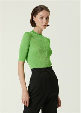 Kadın Yeşil Simli Kısa Kol Triko S EU