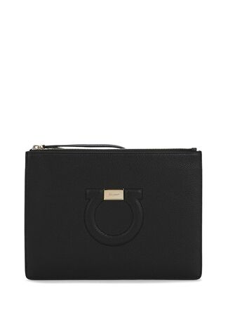 Salvatore Ferragamo Kadın Siyah Logo Detaylı Deri El Portföyü EU