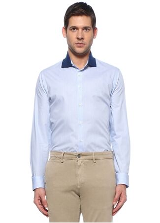 Pal Zileri Erkek Mavi Yaka Detaylı Çizgi Desenli Gömlek 4 IT