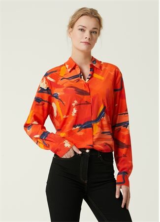 Beymen Kadın Turuncu Desenli İpek Gömlek S EU