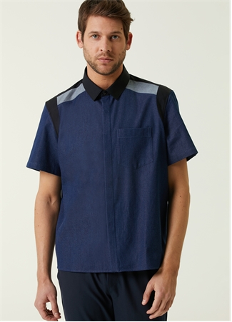 Neil Barrett Erkek Mavi Siyah Şeritli Kısa Kol Denim Gömlek S EU