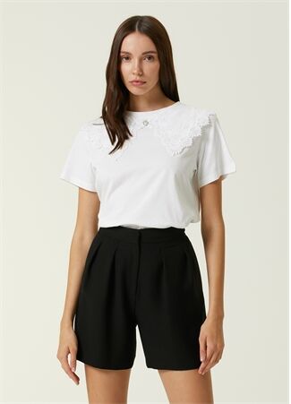 Maje Kadın Ekru Yakası Dantel Garnili T-shirt Bej US