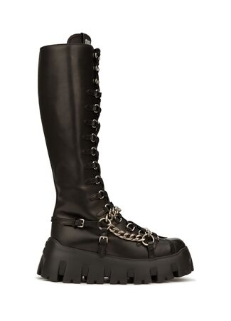 Miu Kadın Siyah Zincir Detaylı Deri Çizme 36 EU