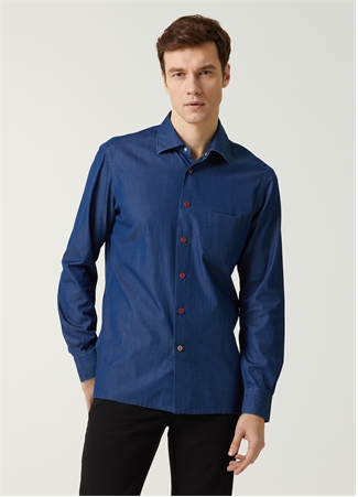 Kiton Erkek Lacivert Polo Yaka Denim Gömlek 4 IT Kiton Erkek Lacivert Polo Yaka Denim Gömlek 4 IT