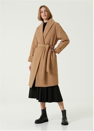 Faund Kadın Bej Şal Yaka Beli Kuşaklı Puff Mont S EU