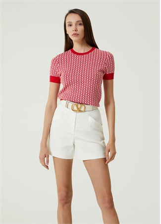 Valentino Kadın Kırmızı Ekru Logolu Kısa Kol Yün Triko L EU