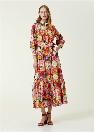 Borgo De Nor Kadın Colorblocked Çiçek Desenli Midi Elbise Mavi 0 UK