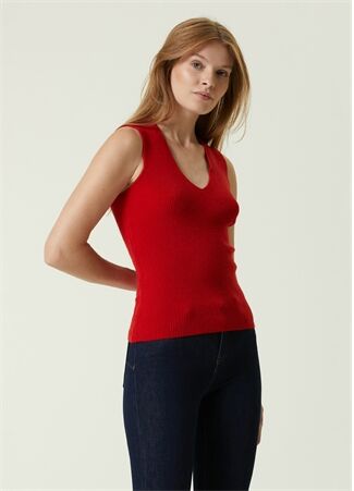 Network Kadın Slim Fit Kırmızı V Yaka Kolsuz Kazak XS EU