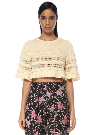 Isabel Marant Kadın Ekru Dantel Garnili Yarım Kol Crop Triko Bej 38 FR