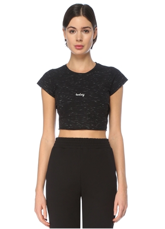 Bassigue Kadın Today Siyah Melanj Bisiklet Yaka Crop T-shirt S EU