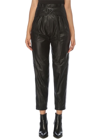 IRO Kadın Husvik Siyah Yüksek Bel Kemerli Deri Pantolon 38 EU