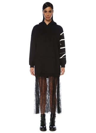Valentino Kadın VLTN Siyah Kapüşonlu Dantel Garnili Midi Elbise S EU Valentino Kadın VLTN Siyah Kapüşonlu Dantel Garnili Midi Elbise S EU
