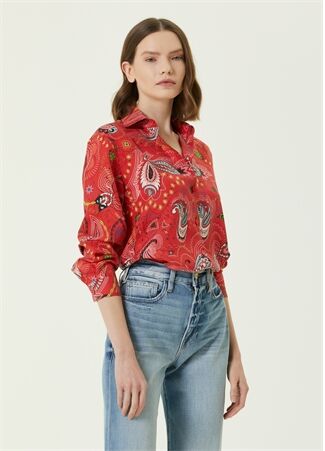 Etro Kadın Kırmızı Şal Desenli İpek Gömlek 40 IT