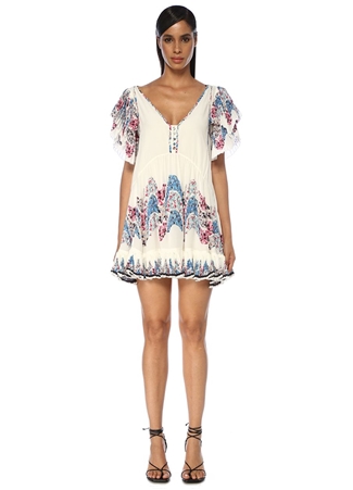 Isabel Marant Kadın Beyaz V Yaka Çiçekli Fırfırlı Mini İpek Elbise Mavi 2 US