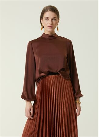 Beymen Club Kadın Kahverengi Dik Yaka Uzun Kol Saten Bluz XS