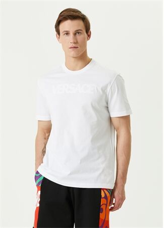 Versace Erkek Beyaz Logo Detaylı T-shirt S EU