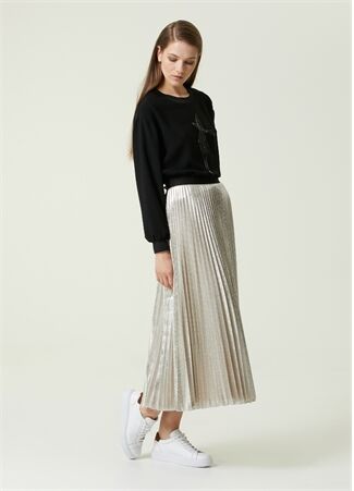 Beymen Club Kadın Gri Gümüş Rengi Varaklı Pilili Midi Etek 36