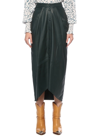 Isabel Marant Kadın Siyah Pilili Midi Deri Etek Yeşil 36 FR