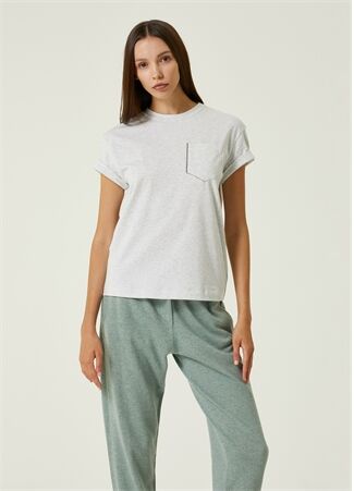 Brunello Cucinelli Kadın Gri Cep Detaylı T-shirt S EU