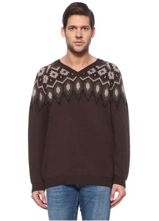 Palzileri Lab Erkek Kahverengi V Yaka Jakarlı Yün Kazak 50 IT