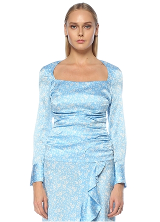 Ganni Kadın Mavi Çiçek Desenli İpek Bluz 36 FR