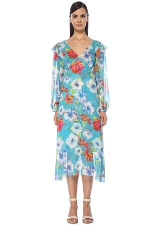 Academia Kadın Mavi V Yaka Çiçek Desenli Midi Şifon Elbise 34
