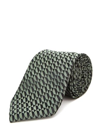 Pal Zileri Erkek Gri Siyah Geometrik Desenli İpek Kravat Yeşil EU