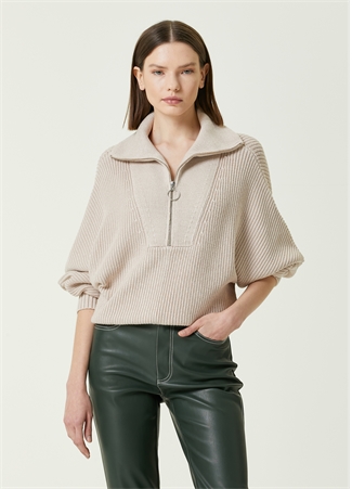 Staud Kadın Bej Yakası Fermuarlı Ribli Kazak L EU Staud Kadın Bej Yakası Fermuarlı Ribli Kazak L EU