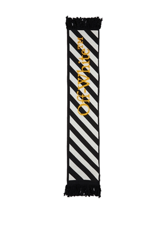 Off-White Erkek Siyah Beyaz Verev Çizgili Logolu Atkı Turuncu EU Off-White Erkek Siyah Beyaz Verev Çizgili Logolu Atkı Turuncu EU