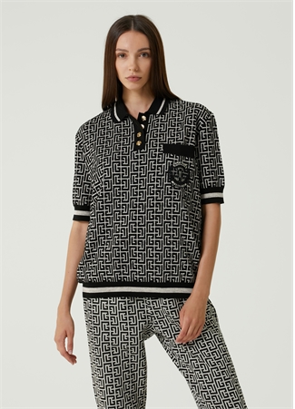 Balmain Kadın Siyah Beyaz Polo Yaka Desenli Triko 36 FR Balmain Kadın Siyah Beyaz Polo Yaka Desenli Triko 36 FR