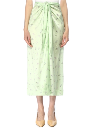 Ganni Kadın Yeşil Çiçek Desenli Midi İpek Saten Etek 36 FR