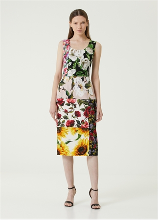 Dolce&Gabbana Kadın U Yaka Patchwork Desenli Midi İpek Elbise 42 IT