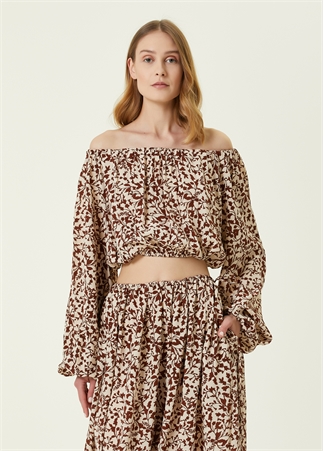 Matteau Swim Kadın Düşük Omuzlu Çiçekli Balon Kol İpek Bluz 2 US