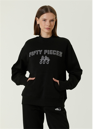 Fifty Pieces Kadın Siyah Dik Yaka Logo Baskılı Sweatshirt M EU