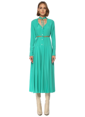 Victoria Beckham Kadın Yeşil Yakası Bağcıklı Kemerli Midi İpek Elbise 0 US