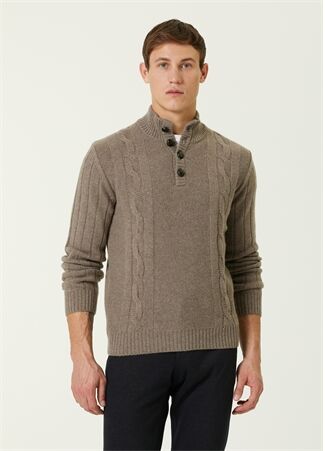 Corneliani Erkek Bej Balıkçı Yaka Örgü Dokulu Yün Kazak 54 IT