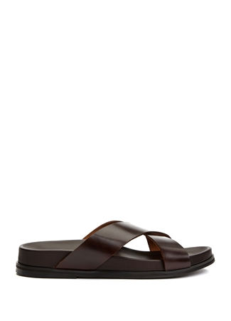 Beymen Collection Erkek Siyah Çapraz Bantlı Deri Terlik Kahverengi 40