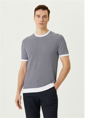 Network Erkek Lacivert Beyaz Çizgi Desenli Kısa Kol Kazak XS EU
