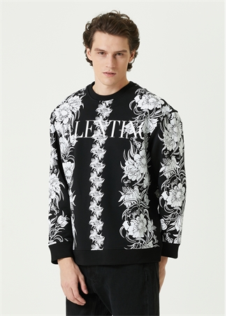 Valentino Erkek Siyah Beyaz Çiçek Desenli Logolu Sweatshirt M Eu Valentino Erkek Siyah Beyaz Çiçek Desenli Logolu Sweatshirt M Eu