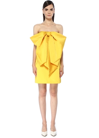 Sara Battaglia Kadın Sarı Straplez Fiyonk Detaylı Mini Kokteyl Elbise 38 IT