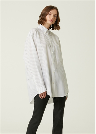 Balenciaga Kadın Oversize Beyaz Çizgili Cep Detaylı Gömlek 34 IT