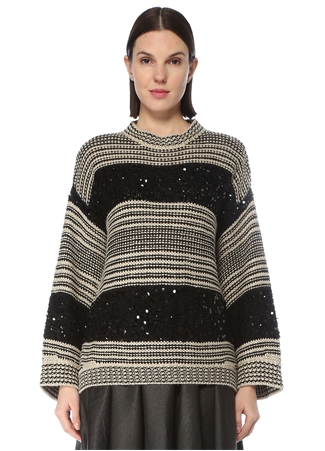 Brunello Cucinelli Kadın Bej Siyah Bisiklet Yaka İşlemeli Örgü Kazak L EU