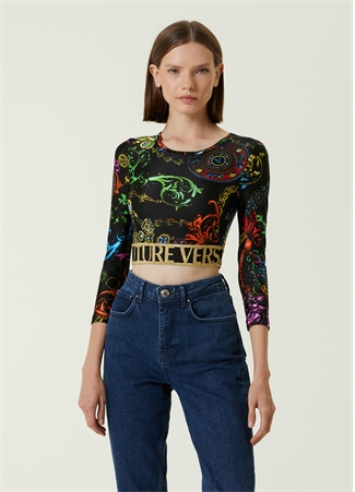 Versace Jeans Couture Kadın Siyah Desenli Logo Bantlı Crop Sweatshirt 38 IT Versace Jeans Couture Kadın Siyah Desenli Logo Bantlı Crop Sweatshirt 38 IT