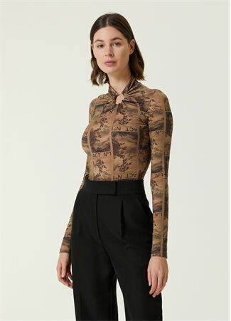 Act N Kadın Bej Yaka Detaylı Desenli Body 42 IT