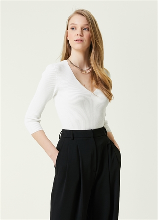 Beymen Club Kadın Beyaz V Yaka Dikişsiz Truvakar Kol Kazak Xs