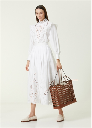 Chloe Kadın Beyaz Delikli Nakışlı Midi Etek 38 It