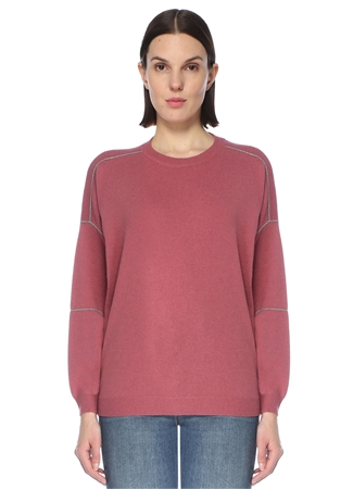 Brunello Cucinelli Kadın Pembe Şerit Detaylı Yün Sweatshirt M EU