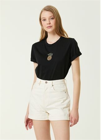 Beymen Club Kadın Siyah Ananas Taş İşlemeli Basic T-shirt S