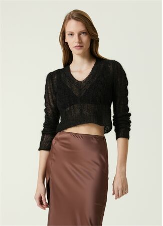 Anna October Kadın Siyah V Yaka Crop Kazak S EU